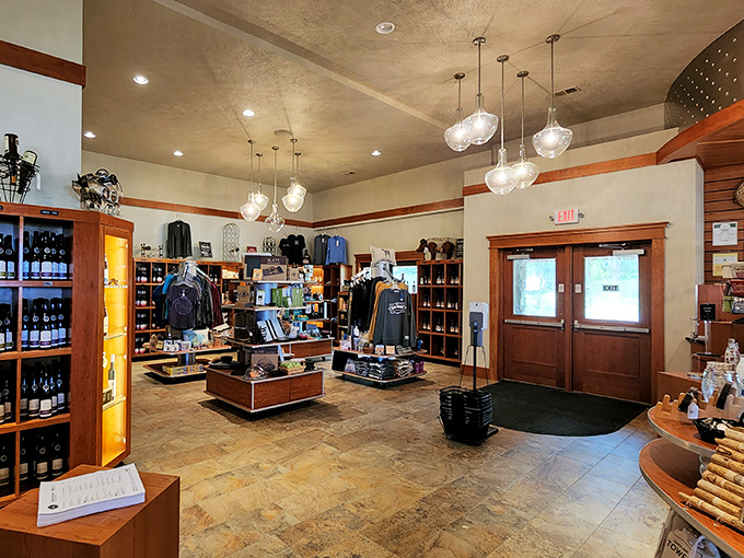 Wine wonderland alert! Pendant lights cast a warm glow over bottles that whisper, "Try me, I'm delicious." Resistance is futile.
