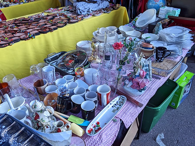 Kitchenware galore! From grandma's vintage Pyrex to modern gadgets, this table's got more layers than a properly made lasagna.