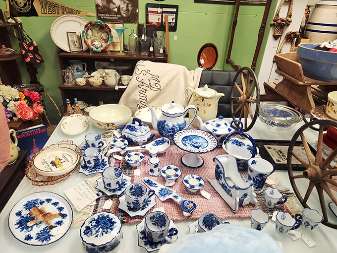 Tea time or mad tea party? This blue and white china collection could host either. Alice in Wonderland would feel right at home among these delicate cups and saucers.