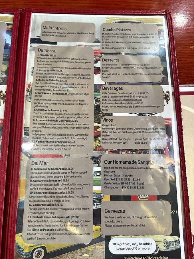 Decisions, decisions! This menu is like a greatest hits album of Cuban cuisine. Better come hungry – and maybe wear stretchy pants.
