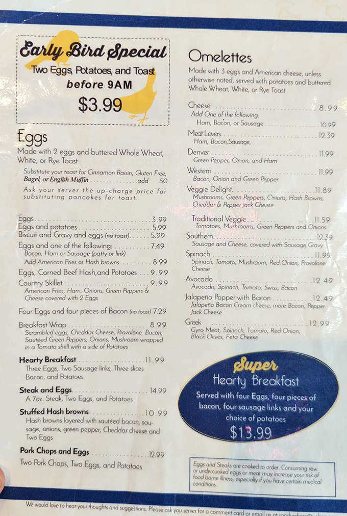 Behold, the breakfast bible! Randy's menu is a treasure trove of morning delights, from the wallet-friendly Early Bird Special to the gut-busting Super Hearty Breakfast.