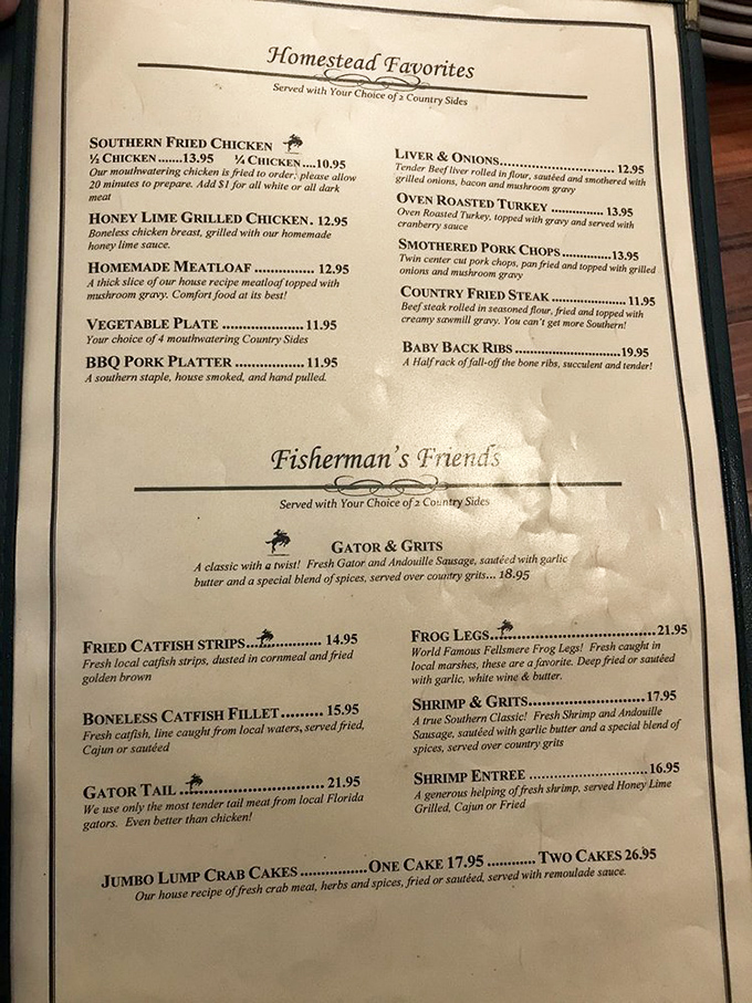 Decisions, decisions! This menu reads like a greatest hits album of Southern cuisine. Gator & Grits? Now that's a duet I've got to hear!