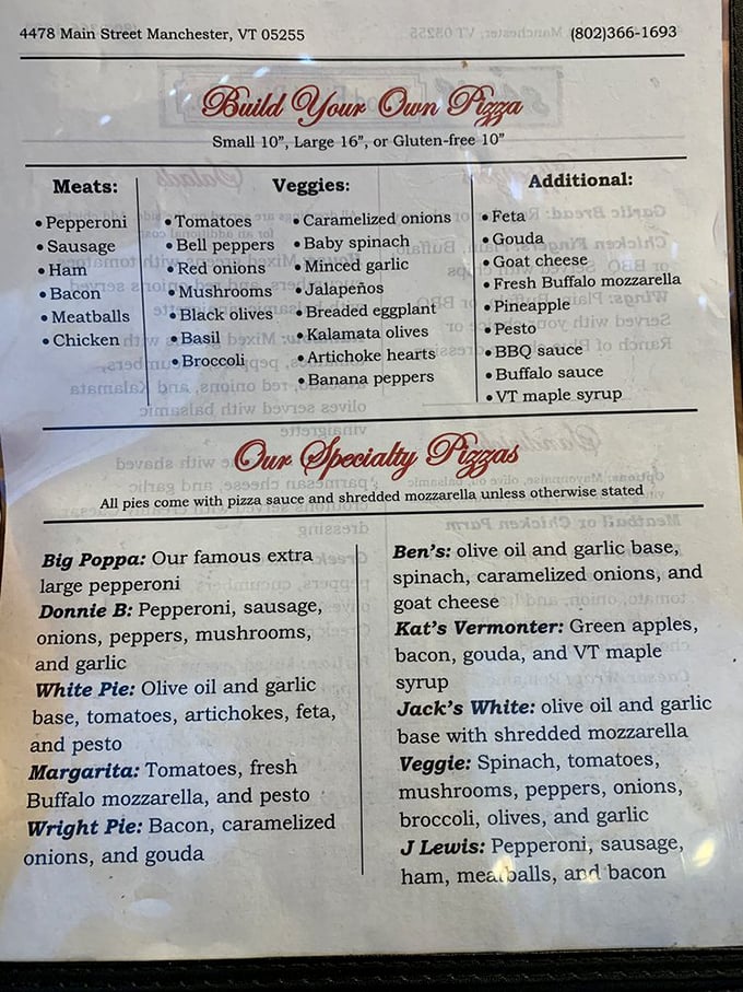 Decisions, decisions! Sam's menu is a treasure map of flavors, from classic pepperoni to the intriguing "Kat's Vermonter" with maple syrup.