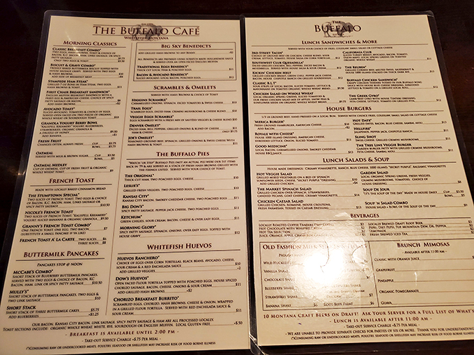 Behold, the sacred text of the Buffalo Cafe! This menu is longer than War and Peace, but infinitely more satisfying.