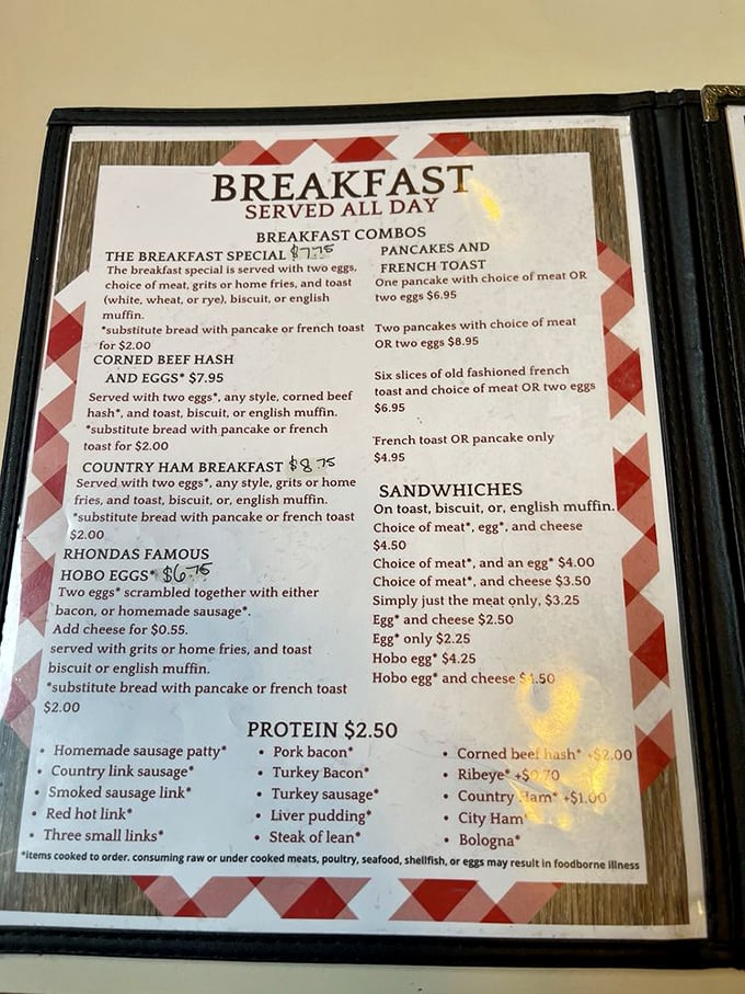 Decisions, decisions! This menu is like a greatest hits album of breakfast classics. Pro tip: "Rhonda's Famous Hobo Eggs" sound too intriguing to pass up.