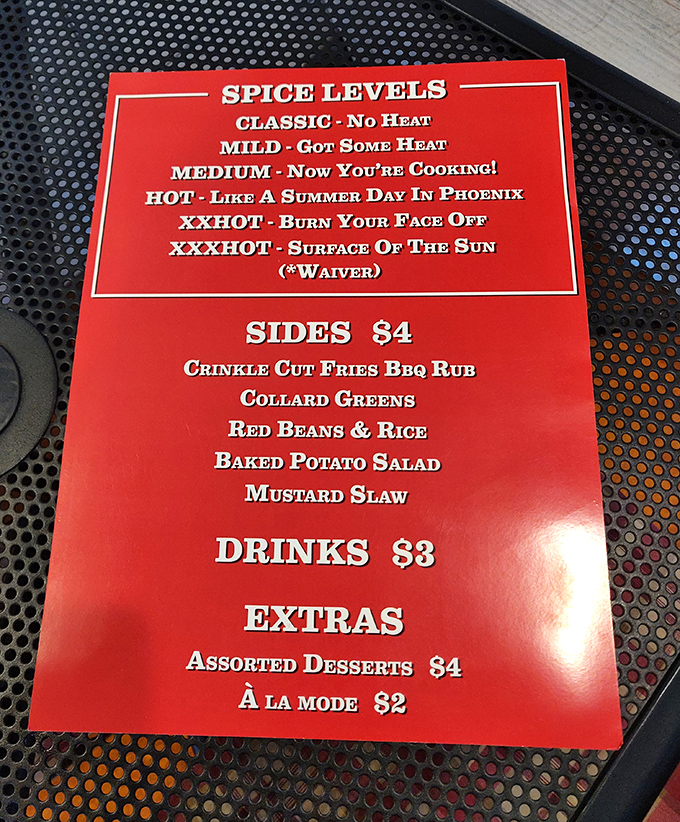 Behold, the menu of spicy dreams! From "Classic" to "Surface of The Sun," it's a heat index that would make even the Phoenix weather blush.
