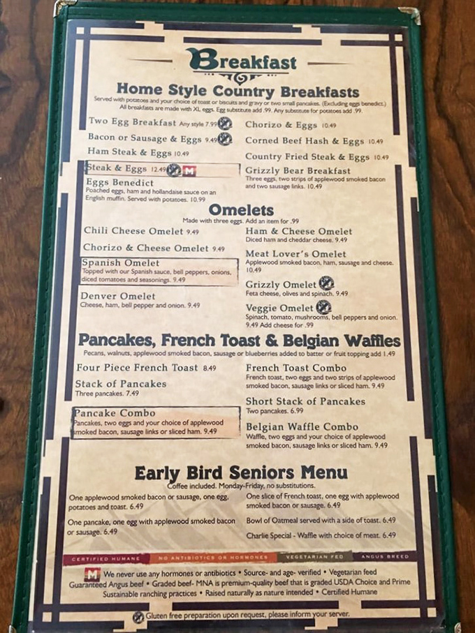 Breakfast fit for a mountain king! This menu is a treasure map of morning delights, from hearty omelets to pancakes that could double as pillows.