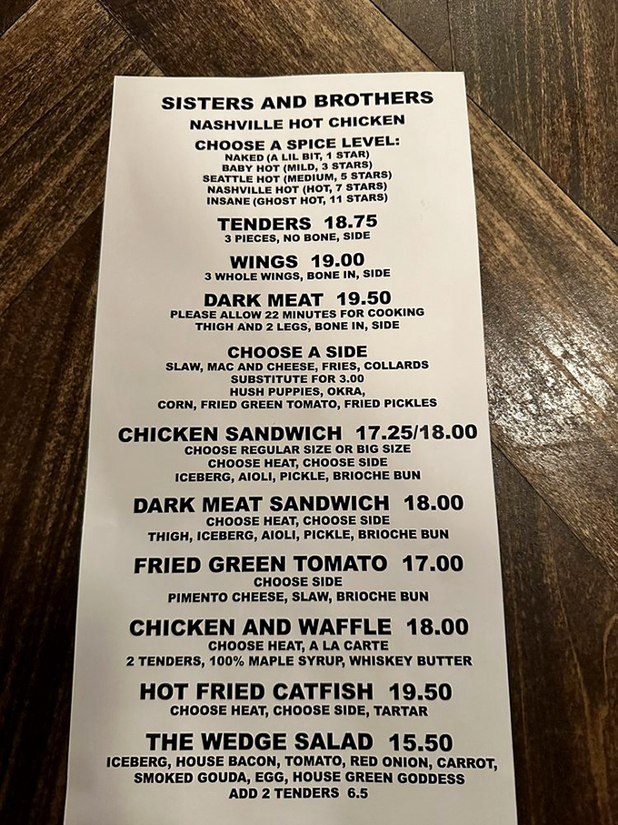 Decisions, decisions! This menu is like a roadmap to flavor town, with heat levels that'll take you from "I got this" to "Houston, we have a problem."