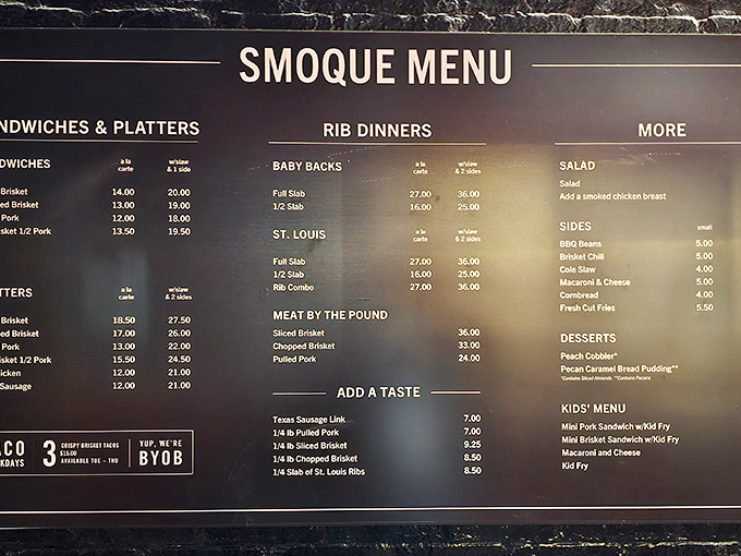 The menu board at Smoque is like a treasure map for carnivores. X marks the spot? More like "X marks the brisket."