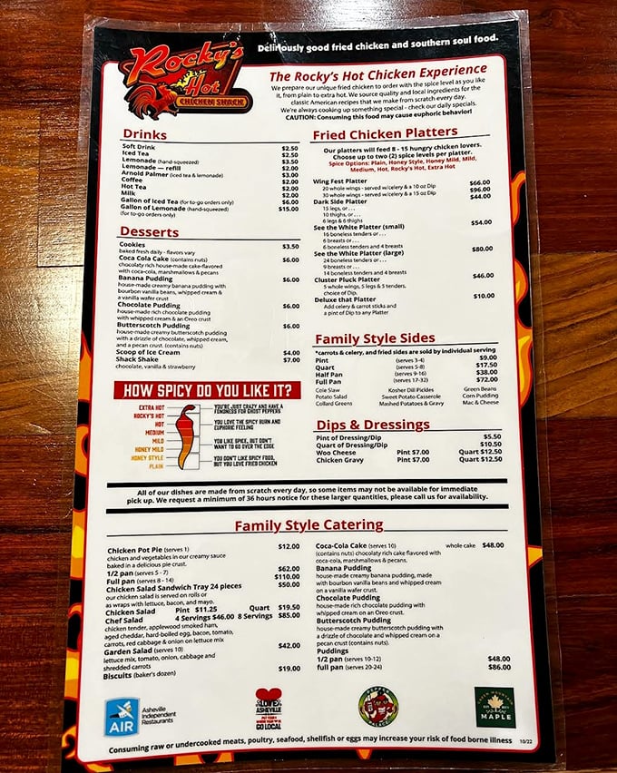 Behold, the sacred text of flavor! Rocky's menu is a tantalizing roadmap to poultry paradise, with heat levels that'll make you question your life choices &ndash; in the best way possible.