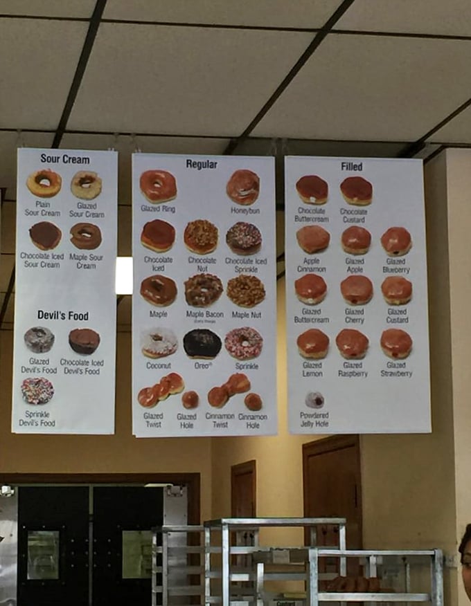 Behold, the menu of temptation! It's like a treasure map for your taste buds, with X marking the spot for every delicious donut variety.