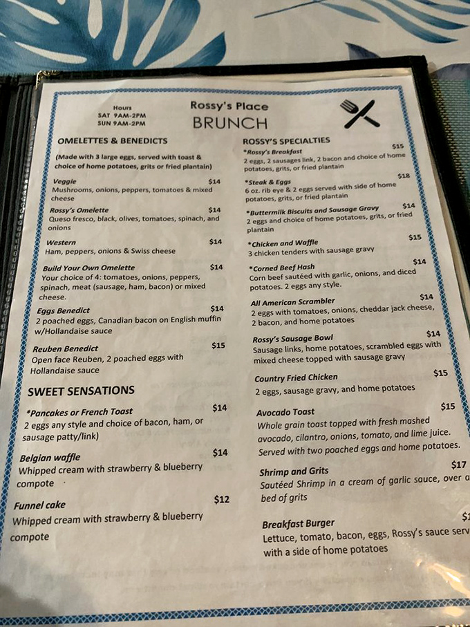 Behold, the menu of dreams! From "Build Your Own Omelette" to "Funnel Cake for Breakfast," Rossy's is where diet plans come to retire and taste buds come alive.
