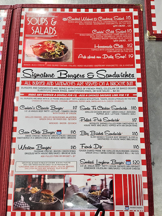 This menu's got more options than a choose-your-own-adventure book. From classic burgers to salads that actually look appetizing, decision paralysis has never been so delicious.