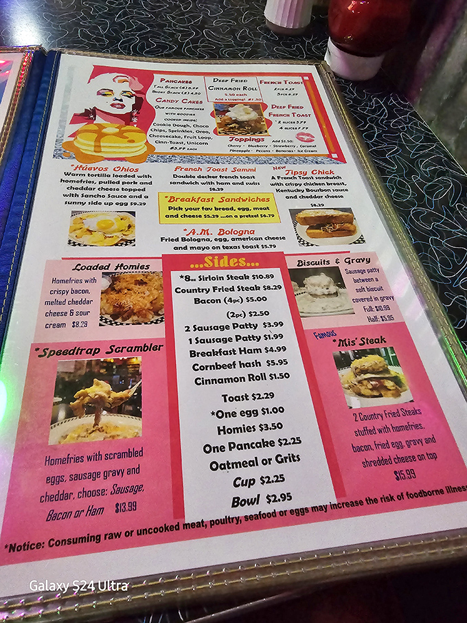 Decisions, decisions! This menu is a roadmap to comfort food nirvana, with pit stops for everything from "Huevos Chios" to the intriguingly named "Speedtrap Scrambler."