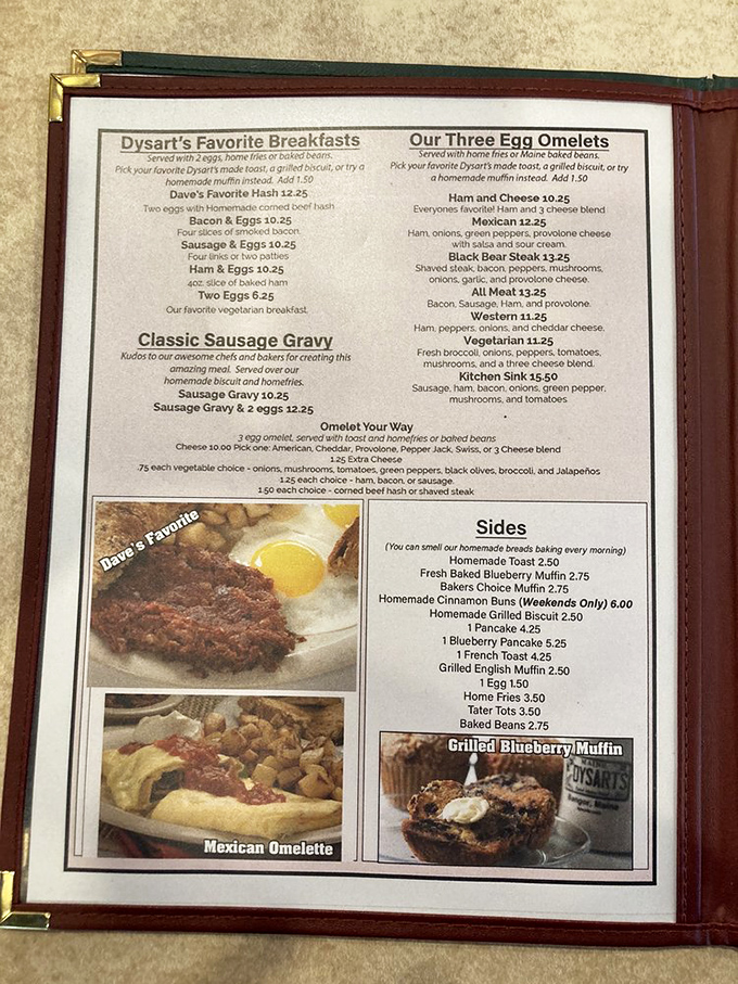 Breakfast lovers, rejoice! This menu is a carb-loaded dream come true. From classic sausage gravy to the mysterious "Kitchen Sink," adventure awaits on every plate.