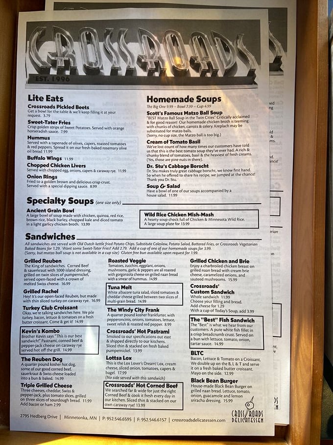 Behold, the sacred scrolls of sandwich salvation! This menu isn't just a list; it's a roadmap to flavor town, with detours through Soup City and Nosh Village.