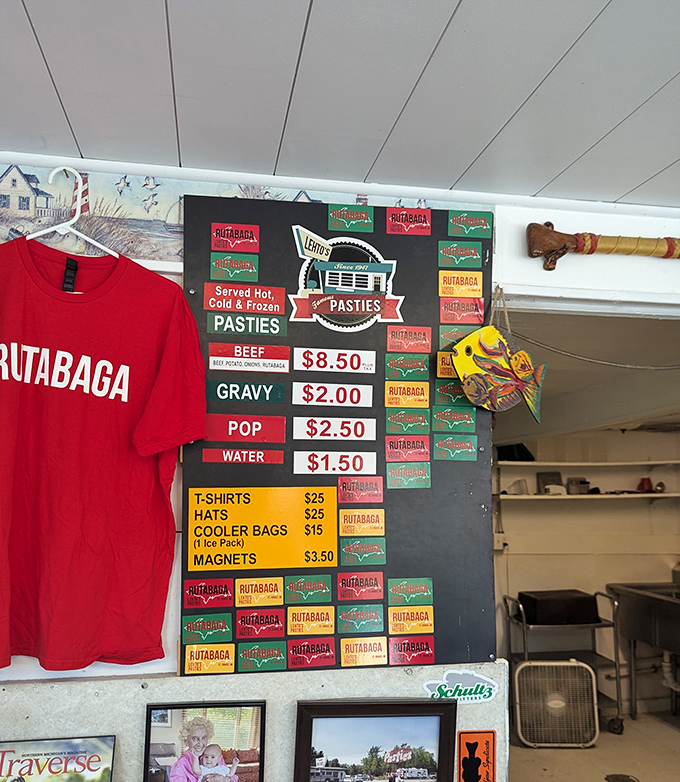 Decisions, decisions! Lehto's menu board is like a siren song for pasty lovers. Beef, gravy, and... rutabaga shirts?