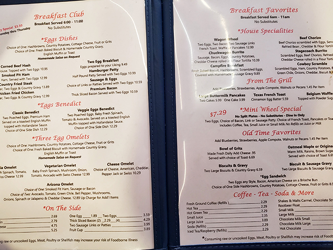 This menu is a time machine on paper. From classic benedicts to country-fried delights, it's a culinary trip down memory lane that'll make your taste buds nostalgic.