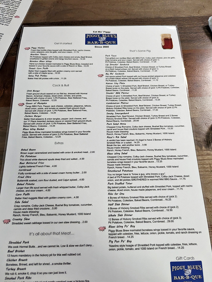 Behold, the sacred text of Piggy Blue's! This menu isn't just a list; it's a roadmap to flavor town, with pit stops at Brisket Boulevard and Pulled Pork Plaza.