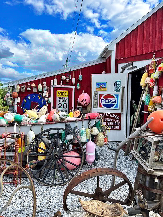 It's a yard sale that never ends! From wagon wheels to wacky signs, this outdoor display is where rusty gold meets Maine's blue skies.