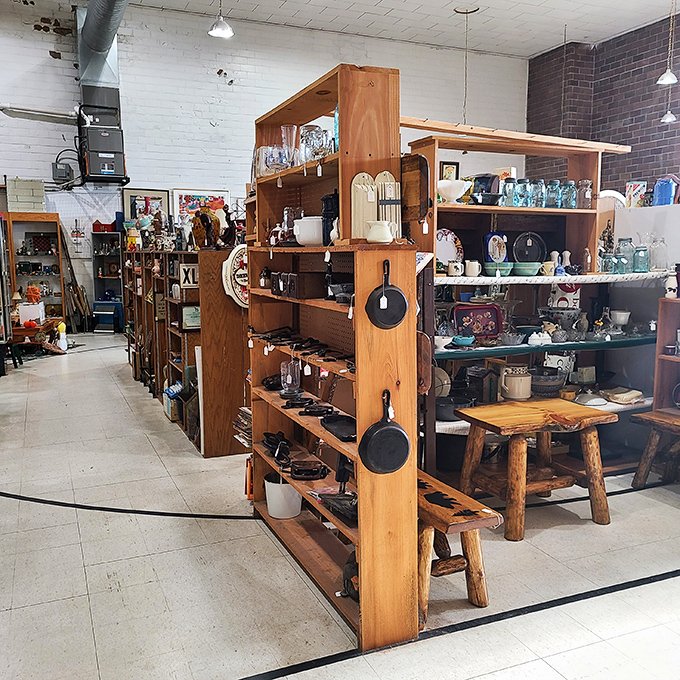 Shelf life redefined! From kitschy knick-knacks to culinary classics, these wooden warriors stand guard over a cavalry of cast iron and a platoon of porcelain.