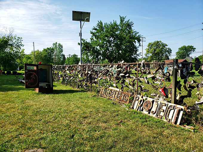 If these shoes could talk, they'd spin tales of artistic rebellion. This whimsical display gives new meaning to "hanging up your boots."