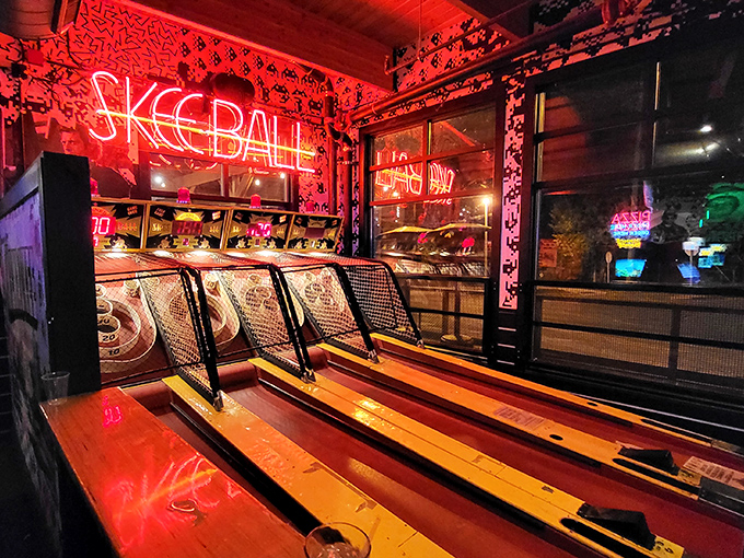 Skee-ball: where your childhood dreams of becoming a ticket tycoon come alive again. Just don't let the neon hypnotize you into thinking you're a pro!