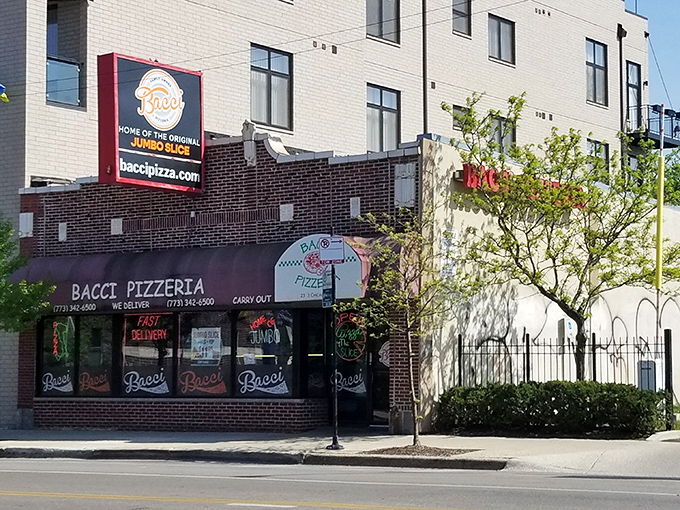 Bacci Pizzeria: Home of the slice that ate Manhattan! This unassuming storefront hides a world of jumbo pizza goodness.