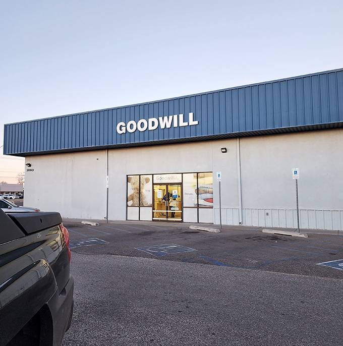 Goodwill's blue-hued haven of hope! Where your decluttered donations transform into someone else's newfound treasure.