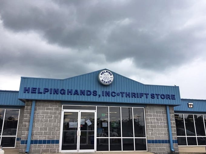 Helping Hands, helping style! This cheery blue facade is like a warm hug for your wallet, promising treasures within.