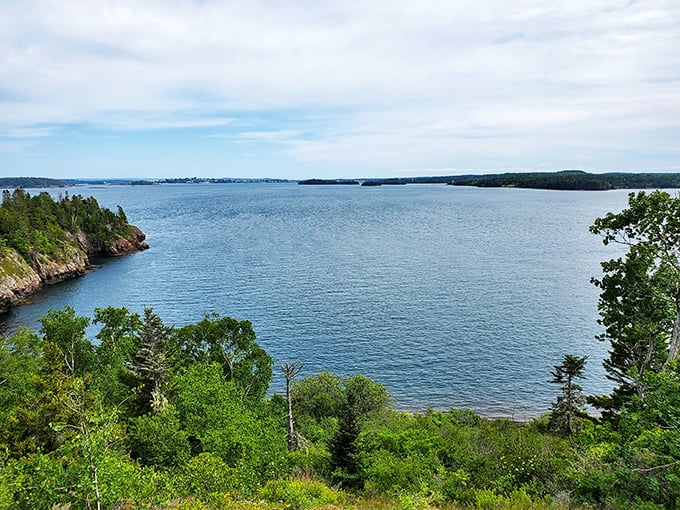 Shackford Head's coastal panorama: where the sea meets the sky in a blue-on-blue embrace.