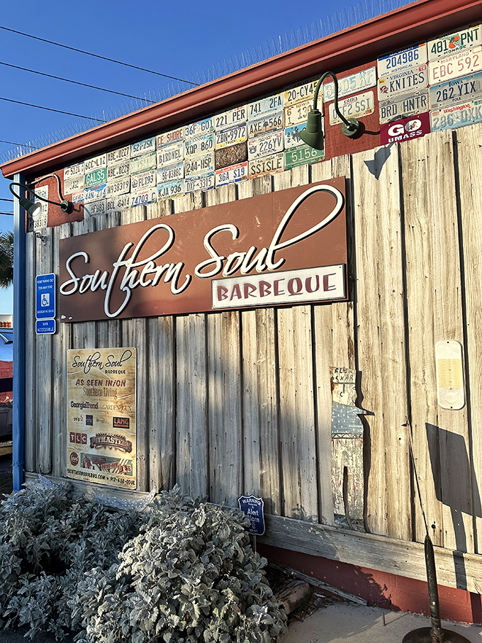 Southern Soul Barbeque: Where license plates outnumber menu items, and every picnic table tells a story. Island vibes meet mainland flavors!
