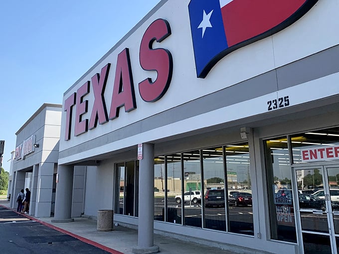 Texas-sized deals await! Texas Thrift's bold signage is like a beacon for bargain-loving moths to a fluorescent flame.