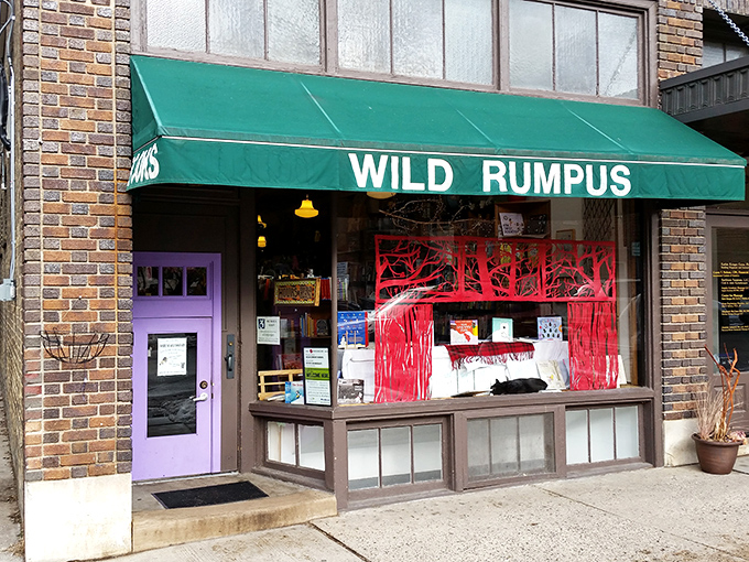 Wild Rumpus: Where the wild things read! This whimsical storefront promises adventures beyond the purple door.