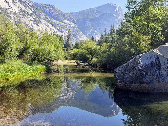 Yosemite's mirror lakes: where trees admire their reflections and hikers question which way is up.