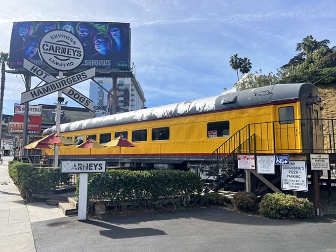 Choo-choo-choose your meal! Carney's unique railway dining car adds a dash of nostalgia to Sunset Boulevard's culinary scene.