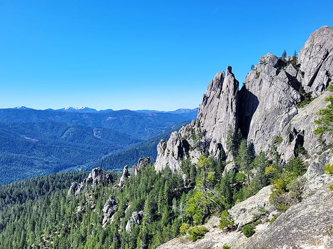 Jagged peaks pierce the sky at Castle Crags. It's like someone took a bite out of the Rockies and dropped it in NorCal!