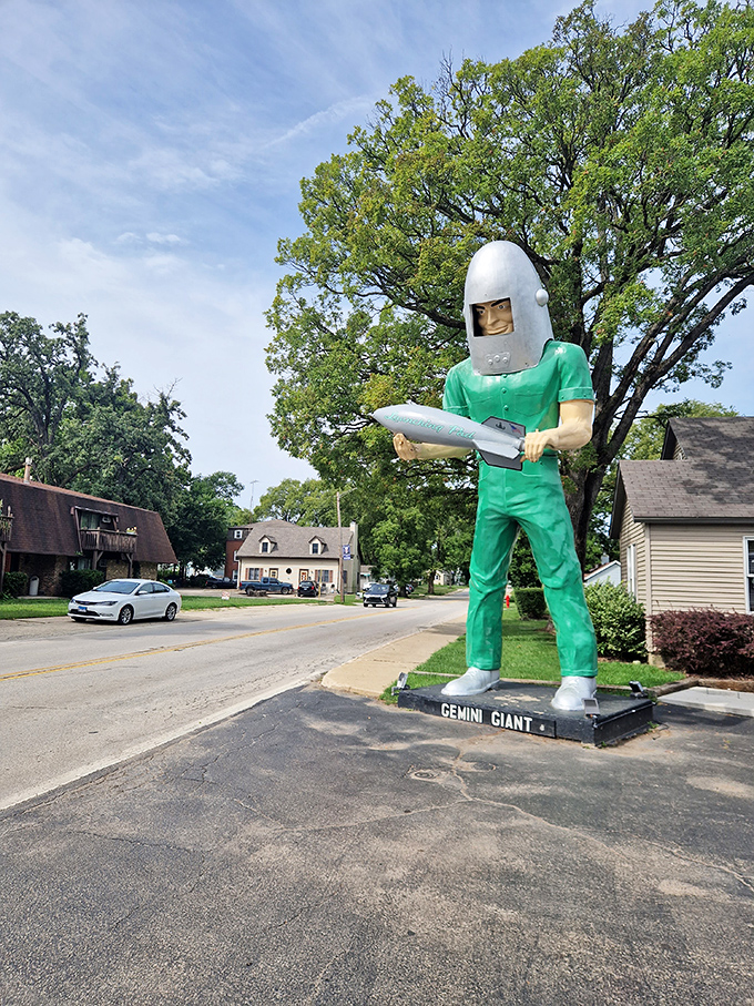 Space race meets small-town America! This jolly green giant is ready to blast off... or at least make you smile.