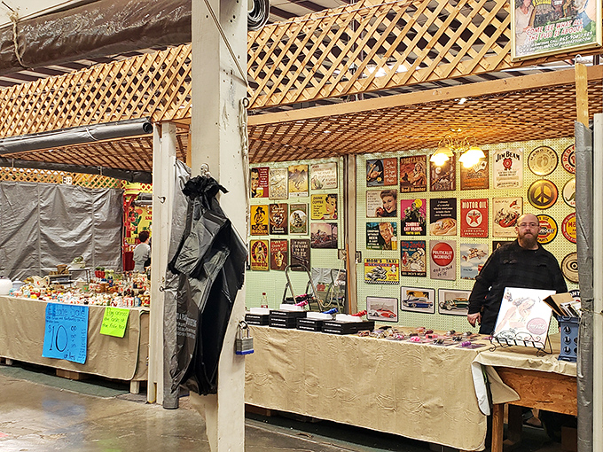 One vendor's display transforms into the next, creating an endless parade of potential discoveries in this mountain-view marketplace.