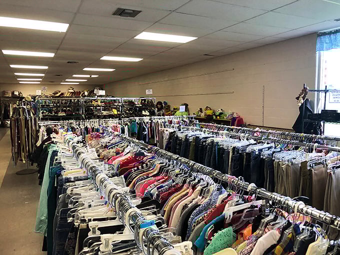 Rack after rack of potential! This thrifter's paradise is like a fashion time machine with prices that'll make your wallet sing.