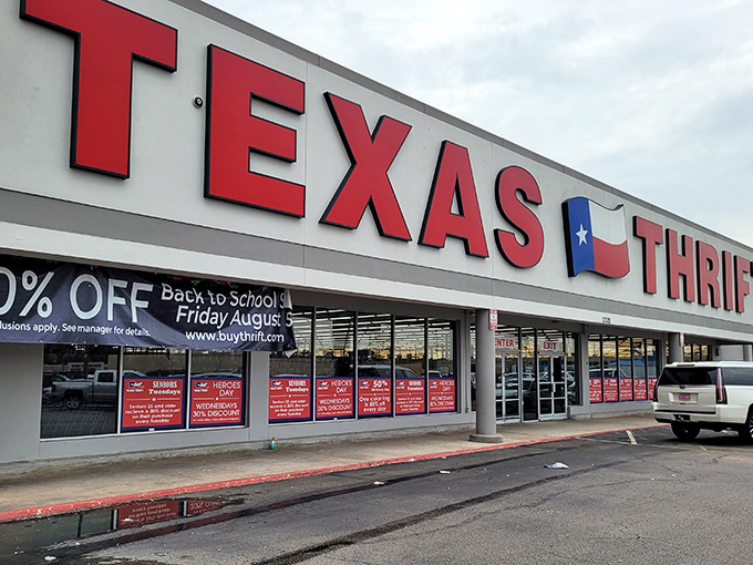 Back-to-school bonanza or everyday treasure hunt? Texas Thrift's windows promise more deals than a late-night infomercial.