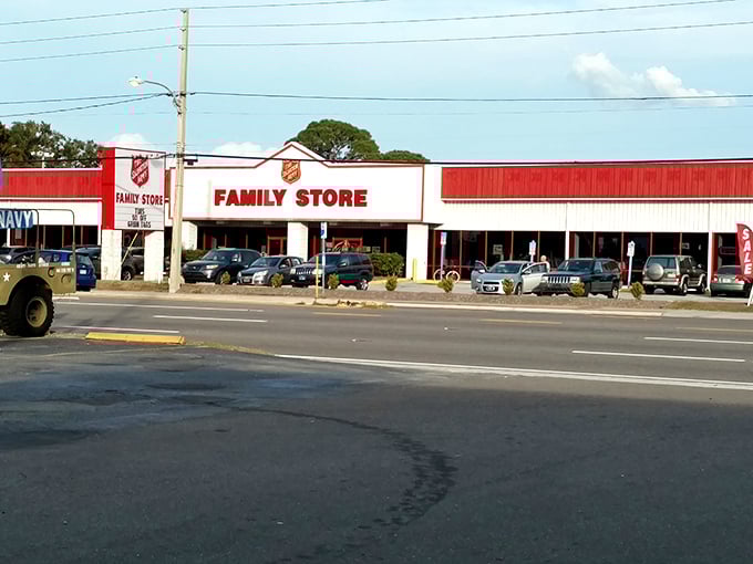 Red, white, and full of delights! This Salvation Army store is like a department store's quirky, budget-friendly cousin.
