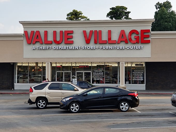 Red letters spell out savings at Value Village. It's not just a store; it's a full-contact sport for savvy deal-seekers!