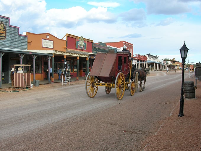 Horse-drawn carriages still clip-clop down Allen Street, where modern-day visitors mingle with echoes of 1880s Tombstone.