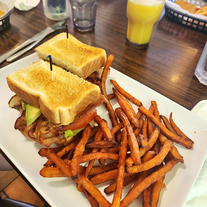 The BLT that ate Manhattan! This sandwich is stacked higher than a Jenga tower, with crispy fries standing guard. It's a meal that demands a strategy... and maybe a fork.
