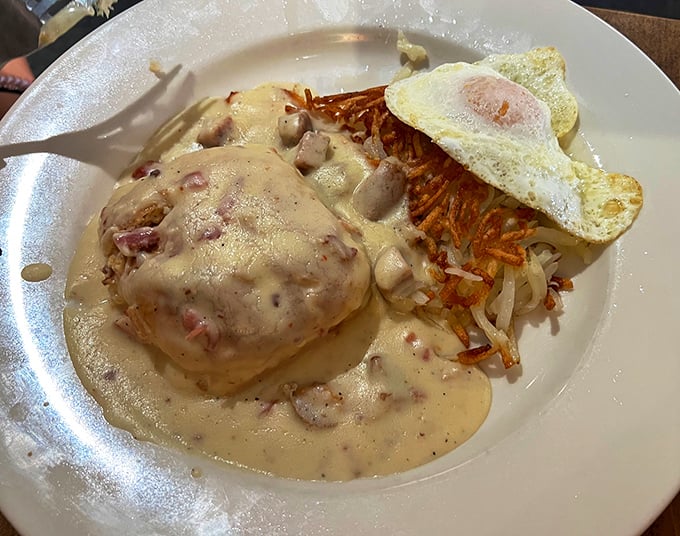 Biscuits and gravy: Where comfort food meets art. This plate is so inviting, you'll want to cuddle up with it and take a nap.
