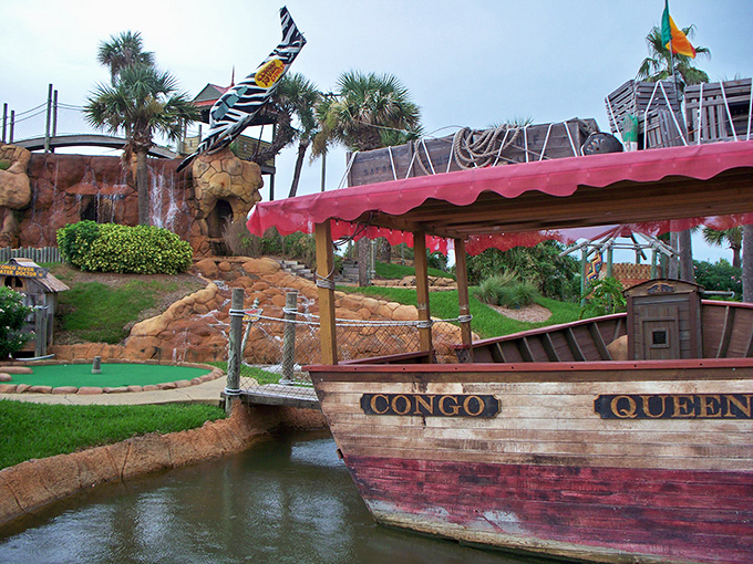 Ahoy, matey! This landlocked vessel isn't sailing anywhere, but it's sure to steer you towards adventure on the mini-golf high seas.
