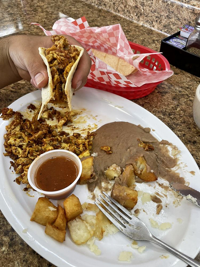 Fiesta on a plate! This chorizo and egg masterpiece is like a mariachi band for your taste buds - bold, vibrant, and utterly unforgettable.