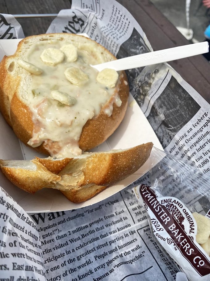 Bread bowl bliss! This clam chowder isn't just a meal, it's a warm hug for your taste buds on a foggy Fort Bragg day.