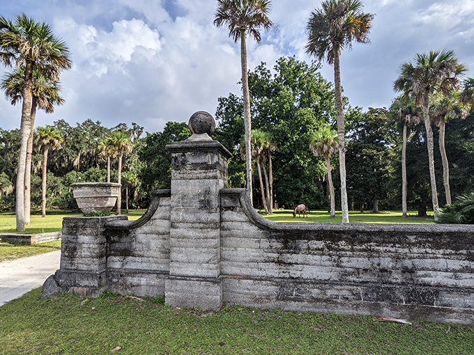 "Fence": Stone sentinels frame a path to yesteryear. It's like walking into a Southern Gothic novel, minus the creepy factor.